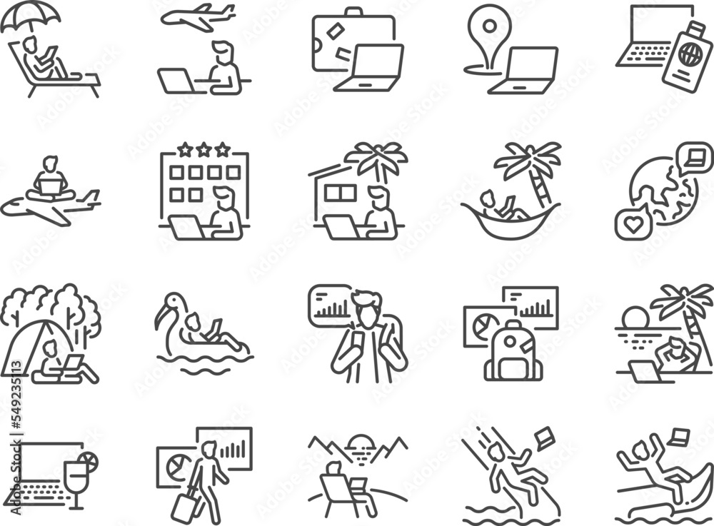 Workation line icon set. The icons included staycation, remote ...