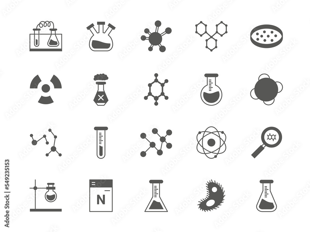 Chemistry science, laboratory research icons. Chemical lab test ...