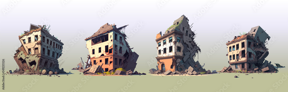 Set of cartoon ruined abandoned houses and car. Destroyed city ...