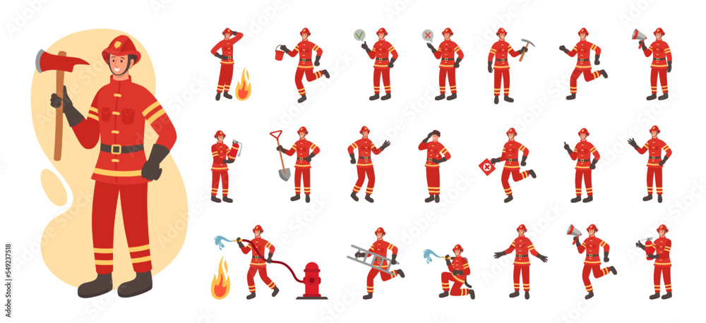 Fireman actions. Fire rescue. Emergency service. Man worker with ...