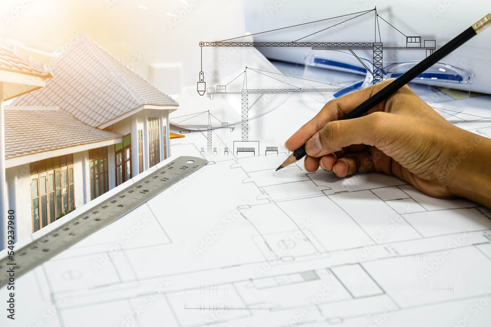 Design drawings and hands drawing a project by pencil on paper Stock ...