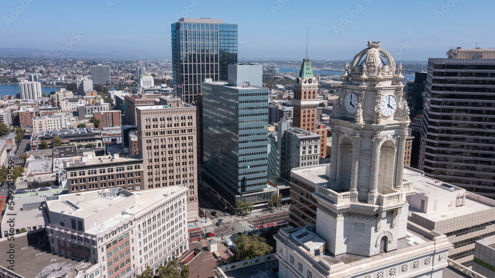 Afternoon skyline aerial view of the urban core of downtown Oakland ...