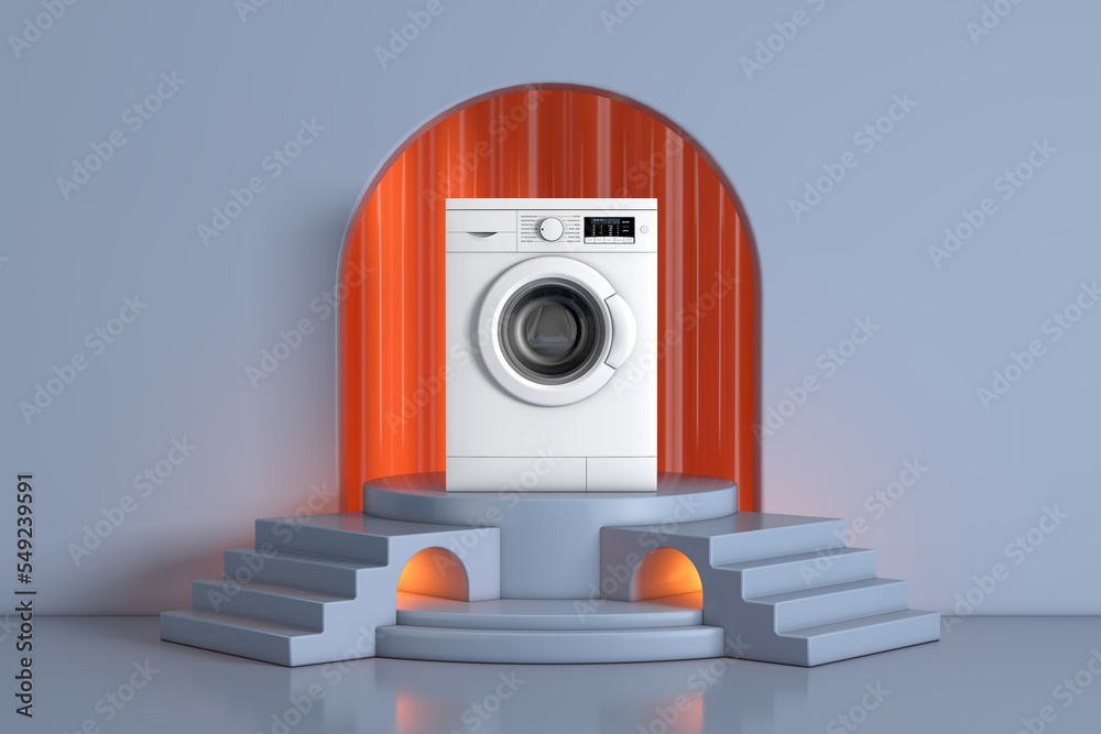 Modern White Washing Machine on the Blue Realistic Cylinder Product ...