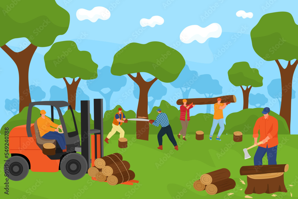 Lumberjack group in forest, vector illustration. Man people character ...