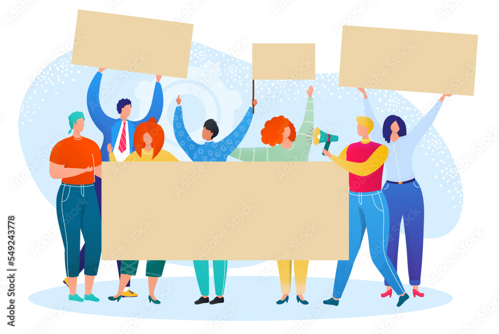 Crowd people group protest with banner, activist demonstration vector ...