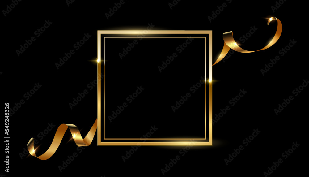 Gold square frame with golden silk ribbon vector illustration ...