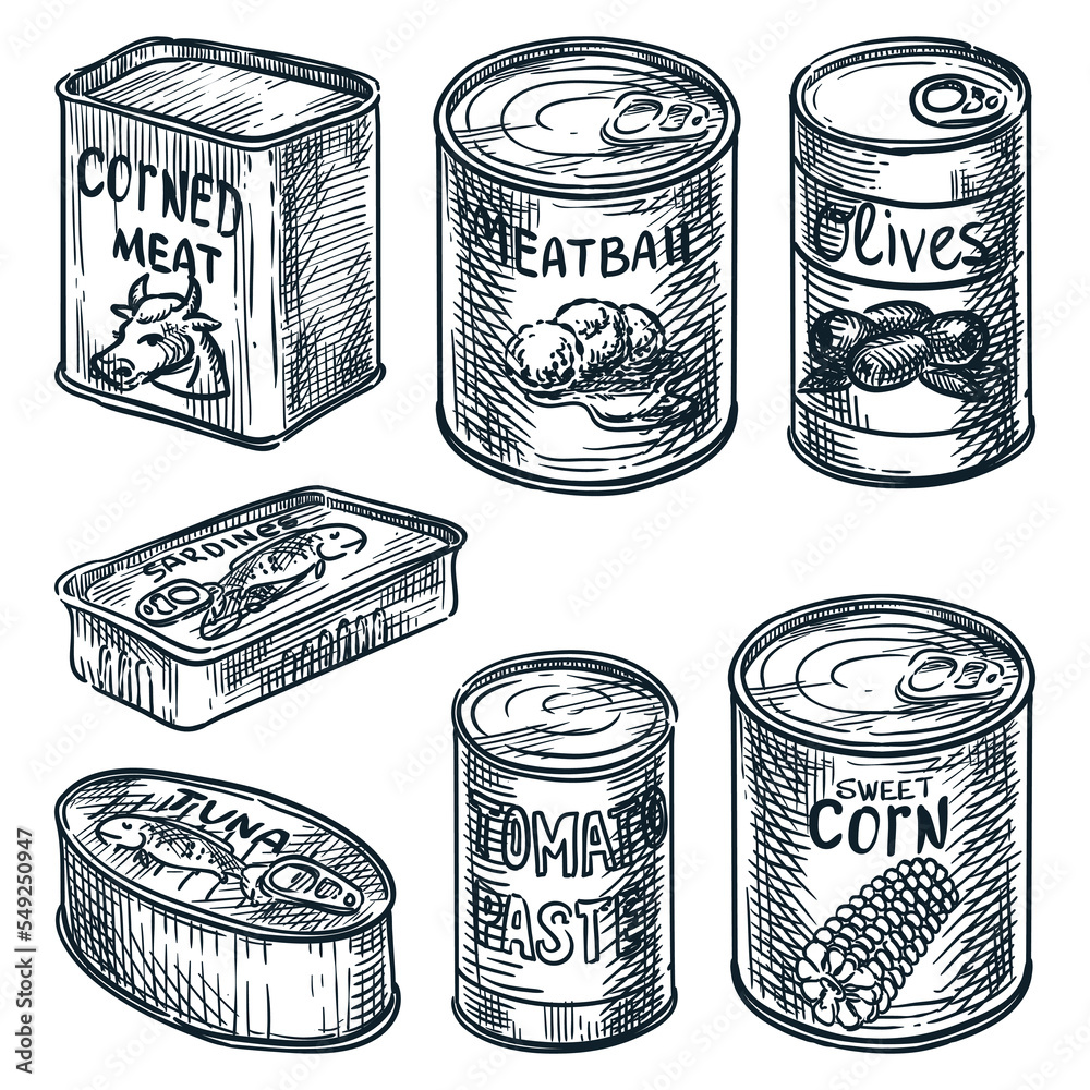 Canned food set. Food in tins hand drawn vector sketch illustration ...