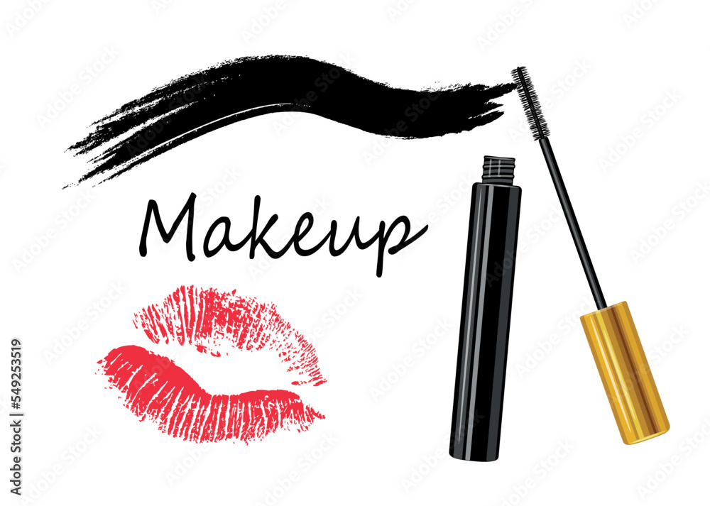 Mascara with stain and word makeup with lip print kiss isolated on ...