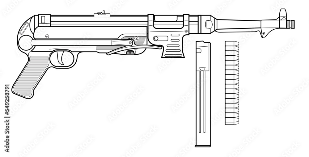 Vector illustration of a German MP40 machine gun with folded stock ...