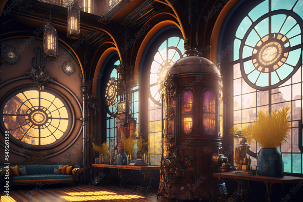 steampunk interior design, fantasy retro hall, in a victorian house ...
