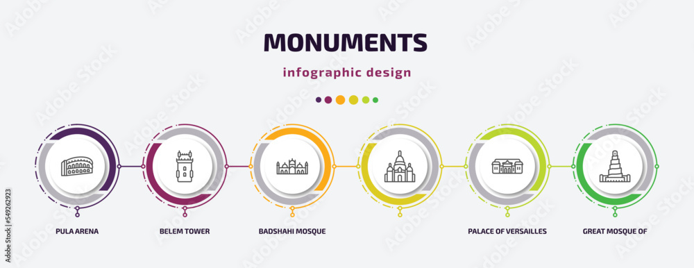monuments infographic template with icons and 6 step or option ...
