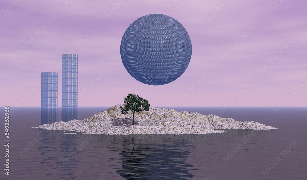 90s CGI-style raycast render of an island, tree, moon, and some ...