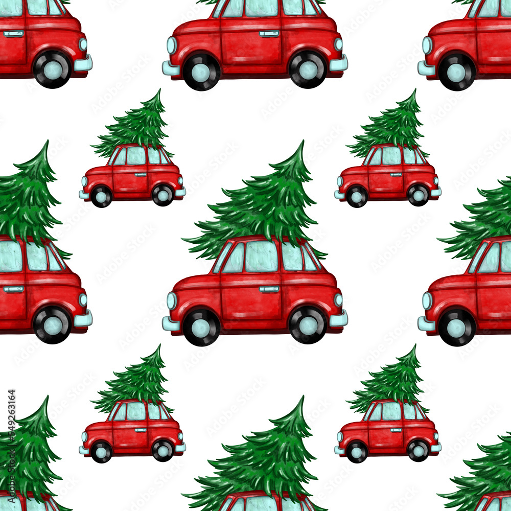 Seamless pattern with a New Year's illustration of a red car. Pattern ...