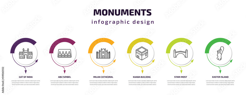 monuments infographic template with icons and 6 step or option ...