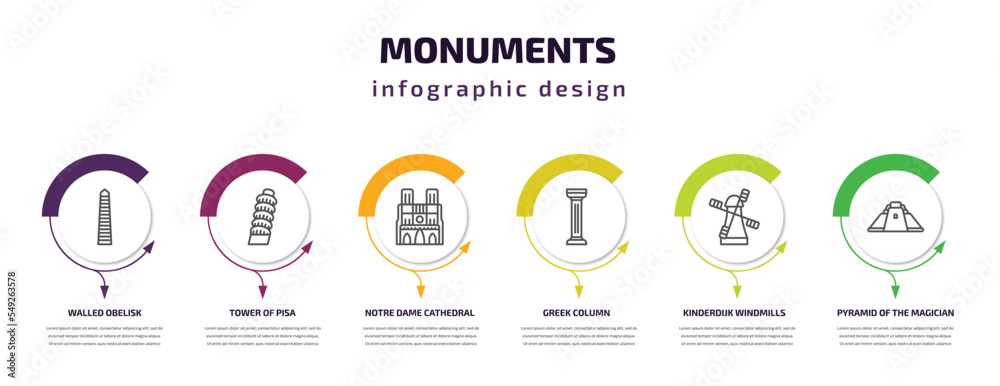 monuments infographic template with icons and 6 step or option ...