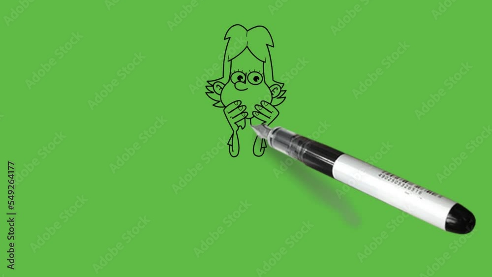 Draw young girl with puffed cheeks, round eyes and brown hair hold her ...