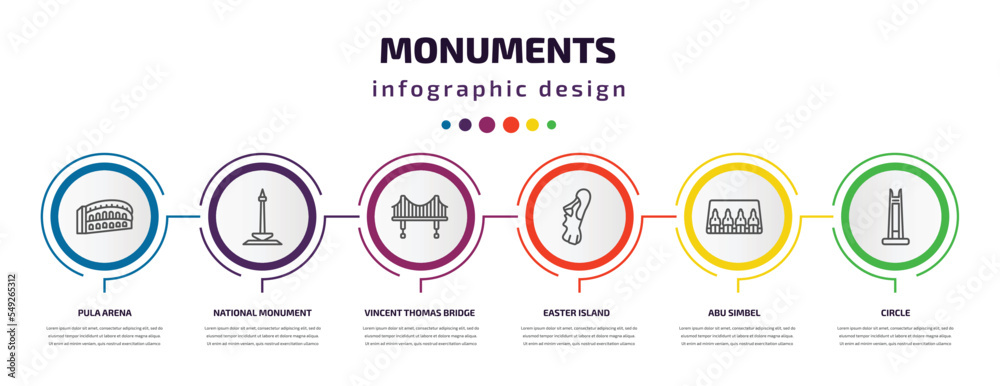 monuments infographic template with icons and 6 step or option ...