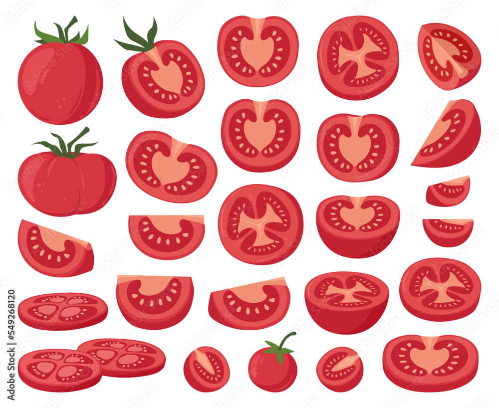 Cartoon chopped tomatoes, red vegetable slices. Tomato half, fresh red ...