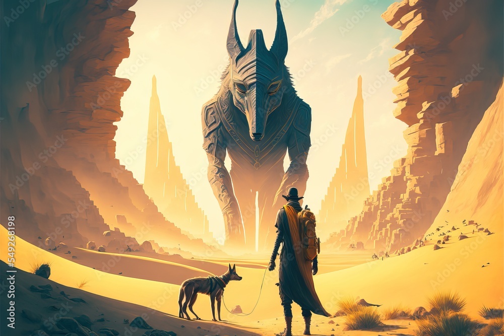 Traveler meet Anubis ancient Egyptian god of death. Fantasy scenery ...