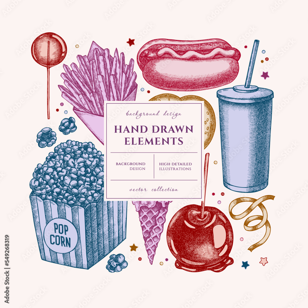 Carnival food square card or invitation design. Frame design with ...