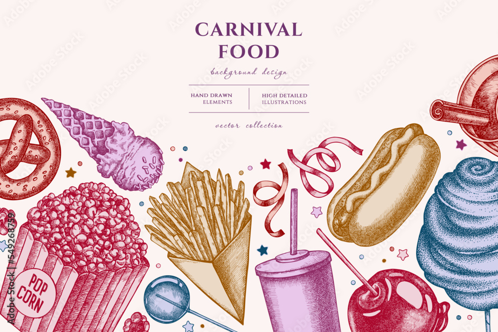 Carnival food hand drawn illustration design. Background with vintage ...