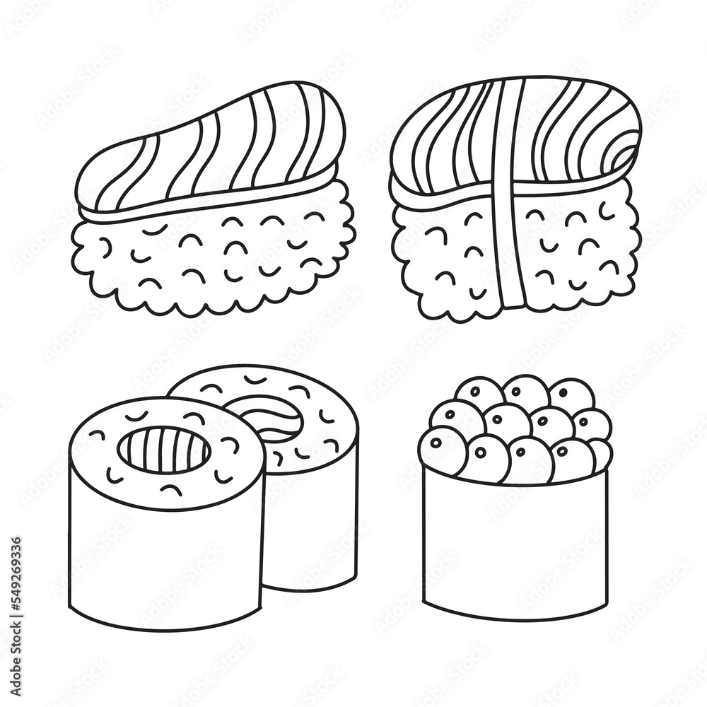 Set of sushi hand drawn doodle. Contour drawing, outline contour line ...