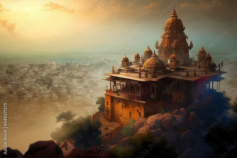 AI generated image of an ancient Hindu temple on top of a hill ...