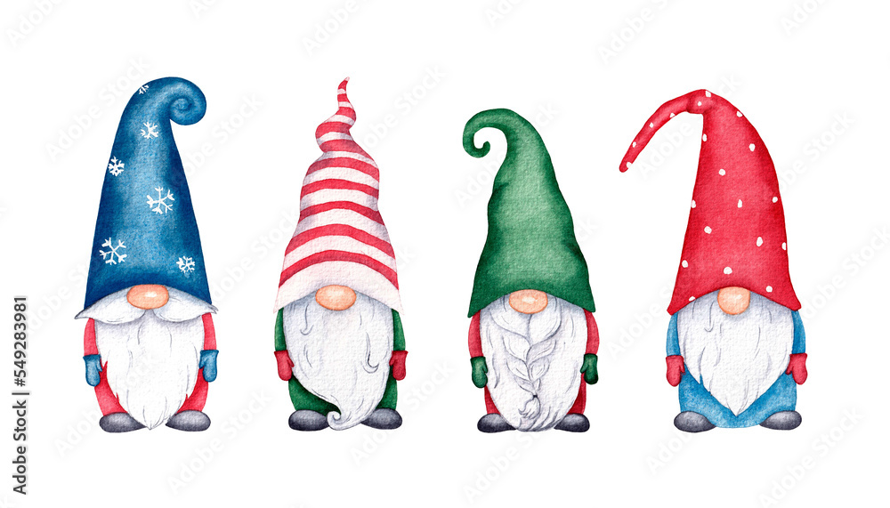 Watercolor set of cute christmas gnomes. Hand drawn illustration on ...