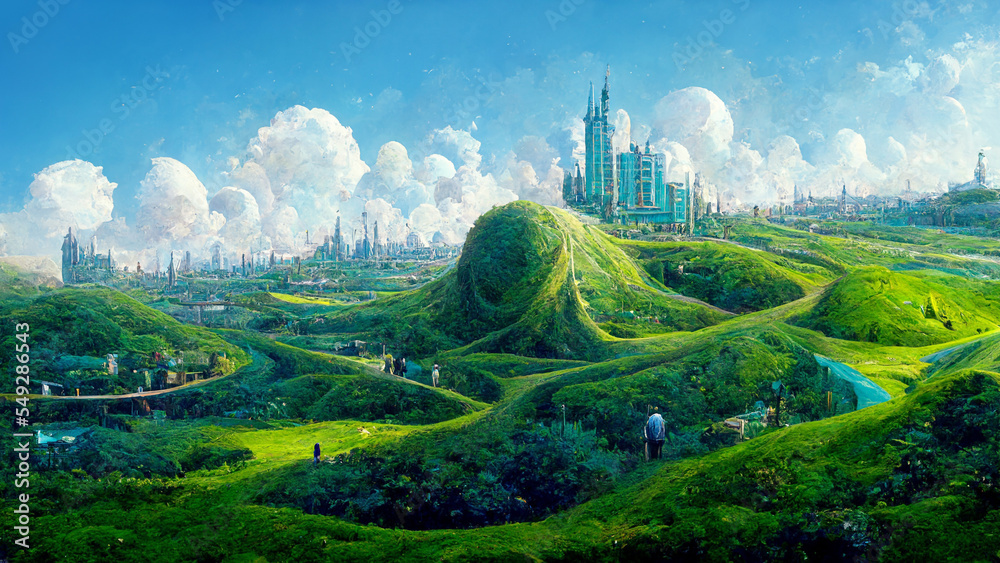 utopian landscape with a city in the distance, concept art Stock Illustration | Adobe Stock