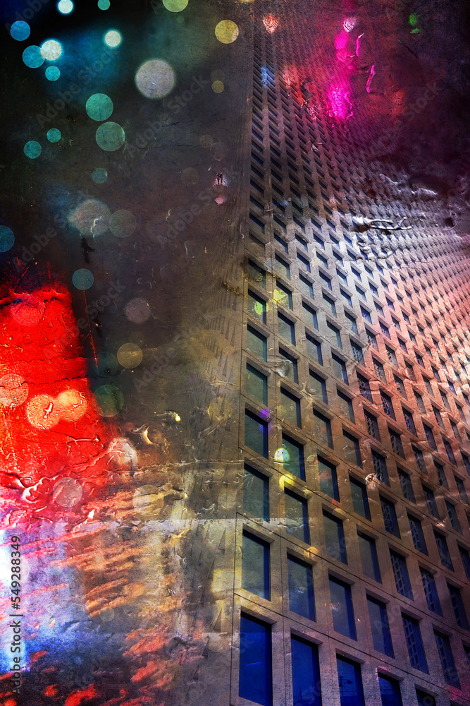 High-rise building windows. Colored lights of the night city reflect ...