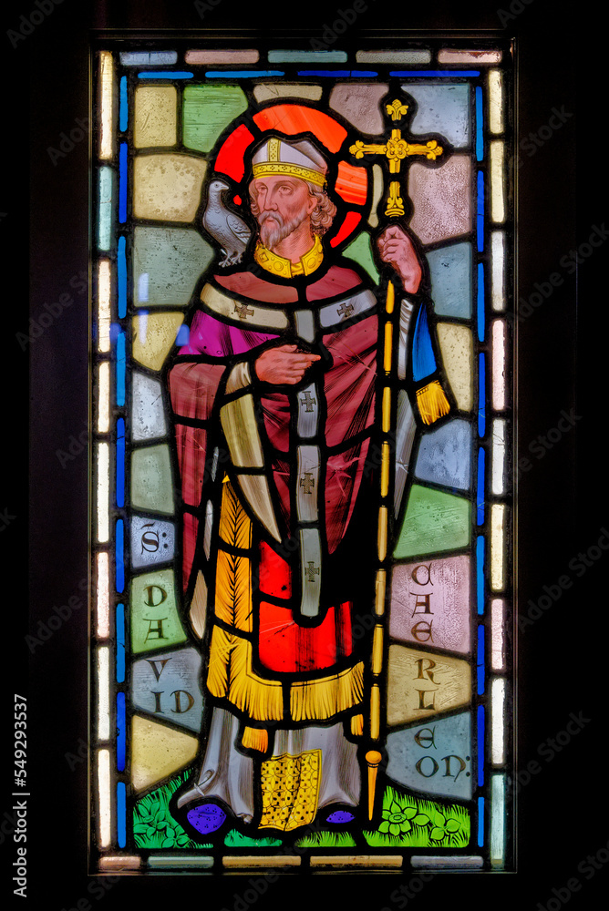 Stained glass window of Saint David at Red Castle - Wales Stock Photo ...
