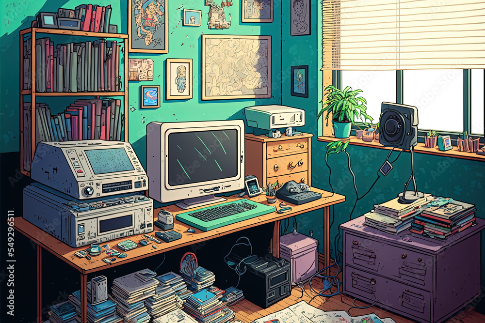 A retro 1990's messy teenager's room drawn in anime style. Manga ...