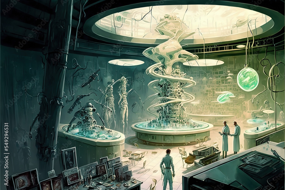 Inside of Area 51 laboratory full of scientific high tech equipment ...