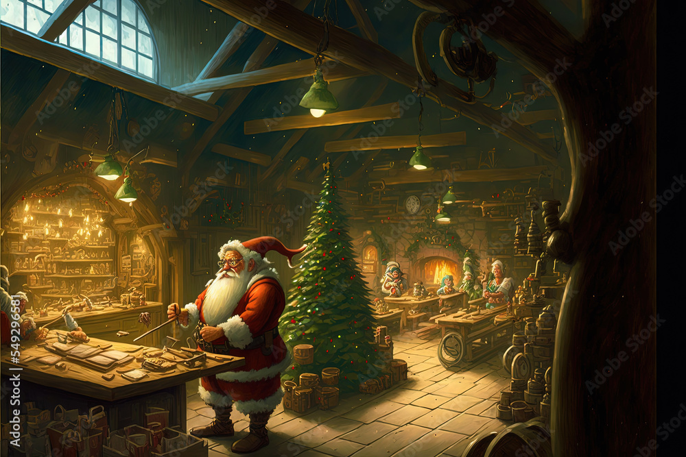 Inside of Santa Clauses workshop at Christmas. Wooden interior with a ...