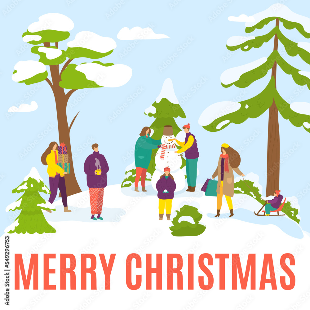 Merry christmas banner, cartoon winter holiday for people, vector ...