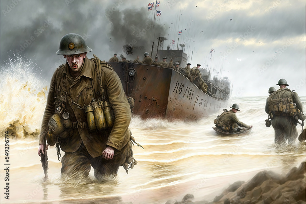 A World War 2 soldier walking out of warship at the storming of ...