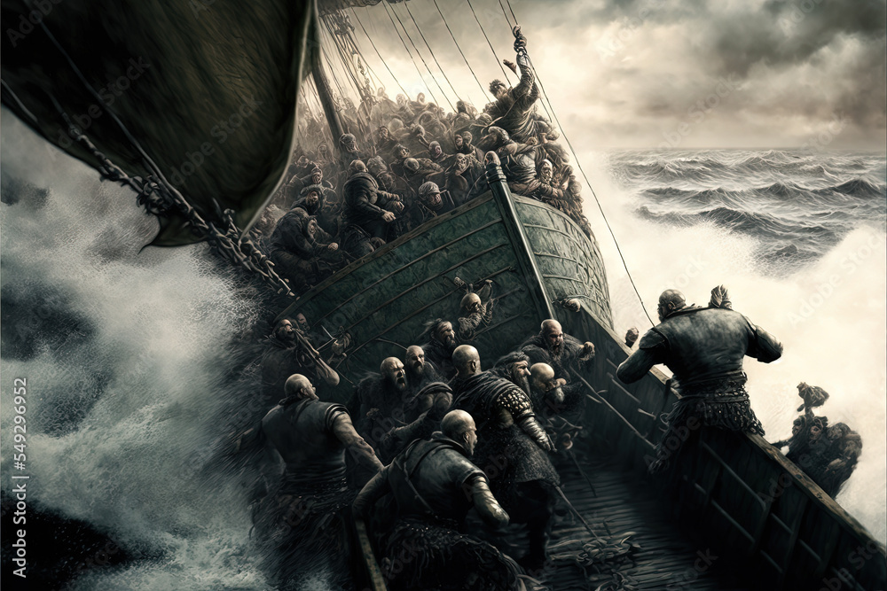 Deck view of a viking warship in rough sea waters. Vikings and ...