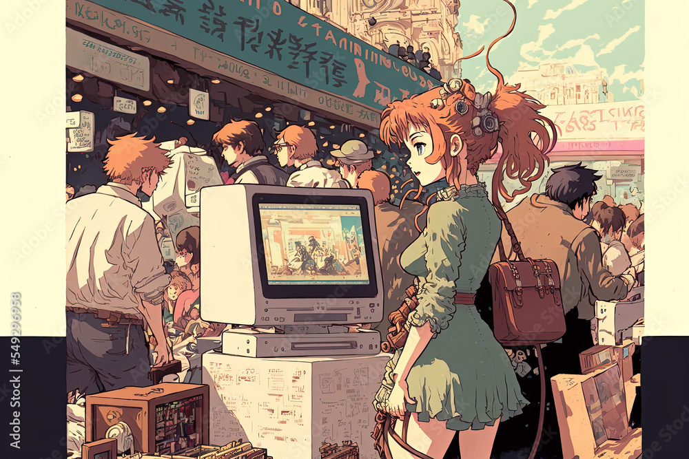 Anime style illustration of a red haired girl standing next to a ...