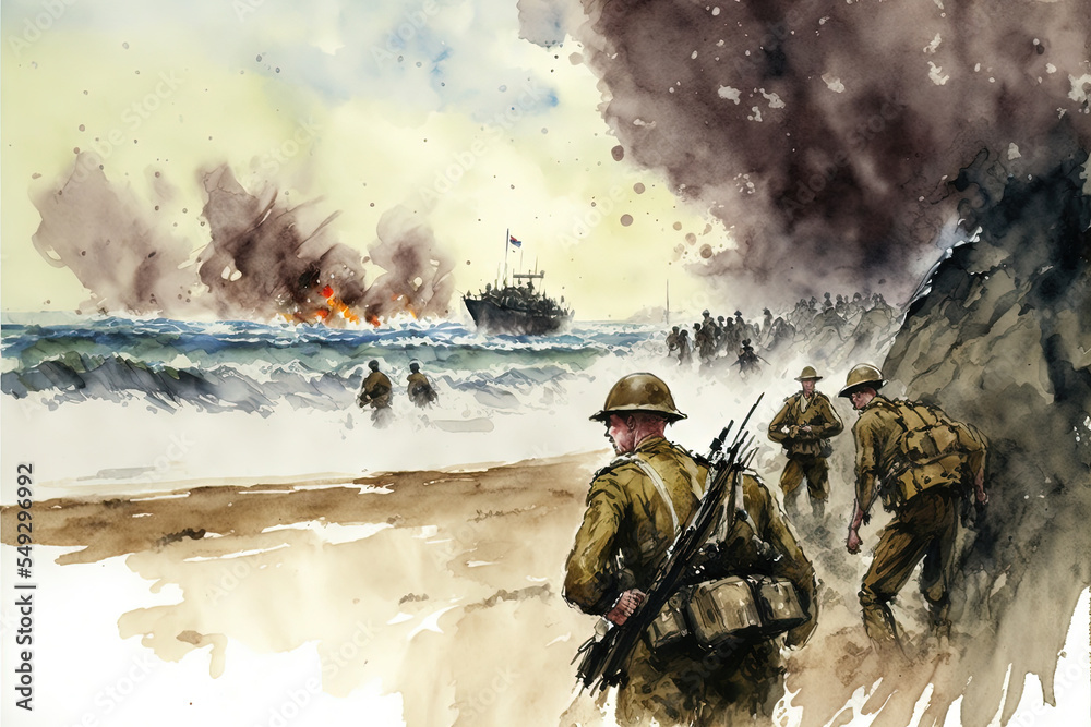 The invasion of Normandy in WW2, 1944. Soldiers on beach with view of ...