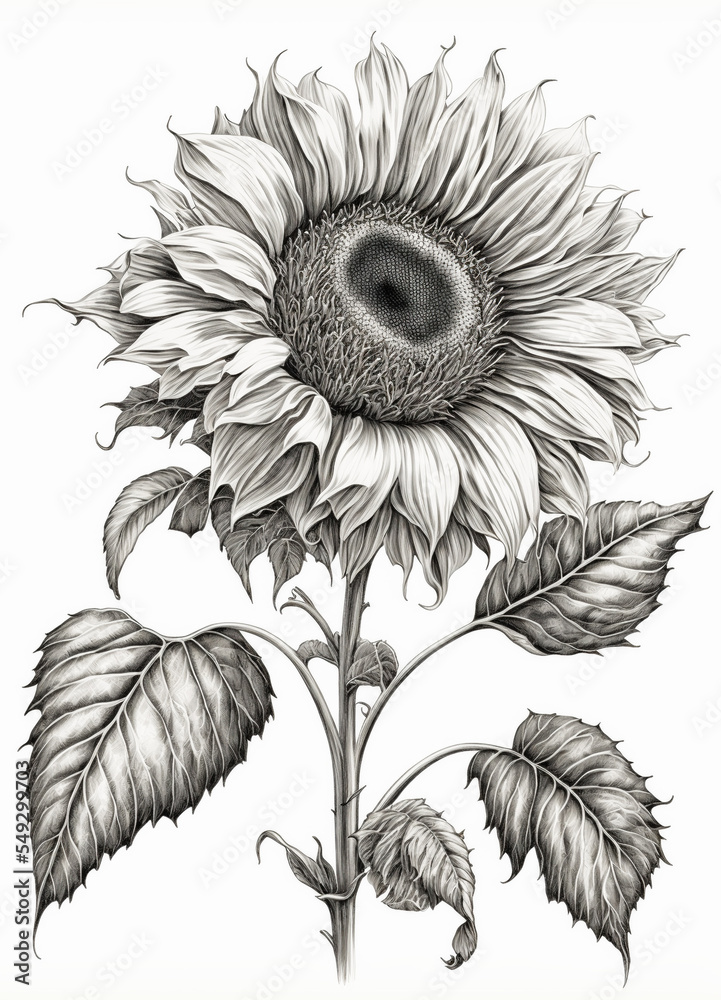 A sunflower drawing with leaves on its stem and a large sunflower in ...