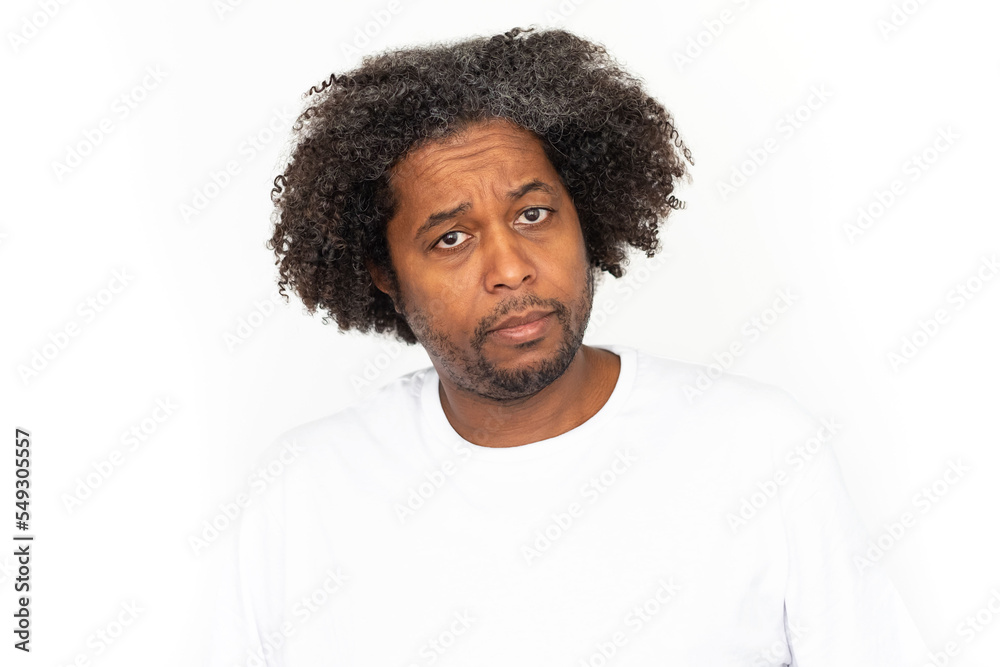 Portrait of confused African American man. Upset mature male model with ...