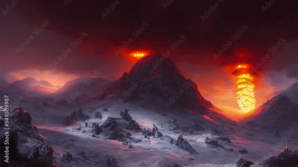 Unreal fantasy mountain landscape with volcanic eruption. Gloomy night ...