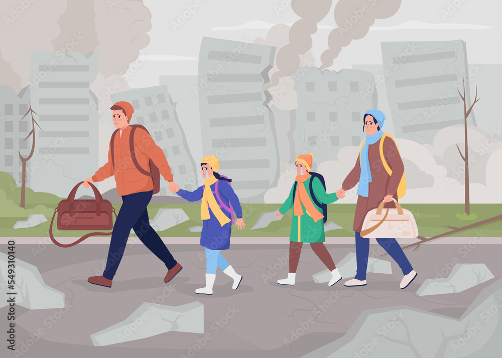 Leaving war-torn city due to military conflict flat color vector ...