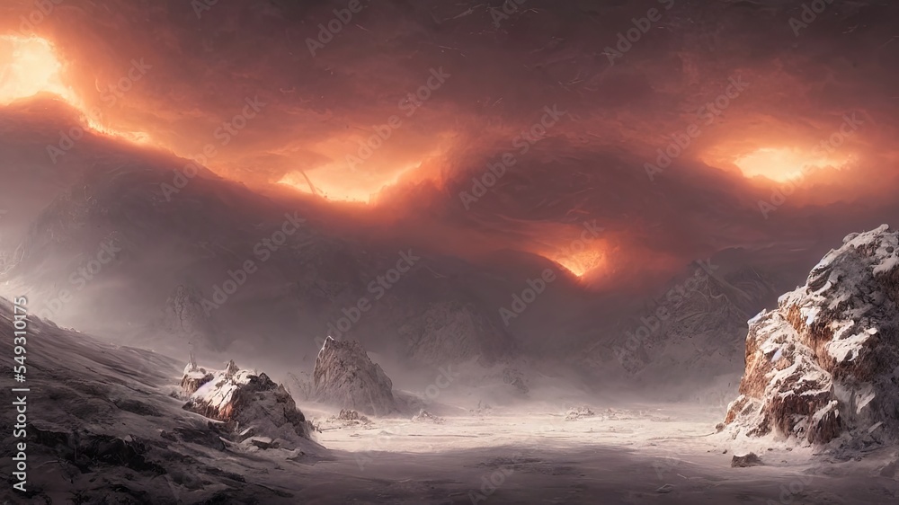 Unreal fantasy mountain landscape with volcanic eruption. Gloomy night ...