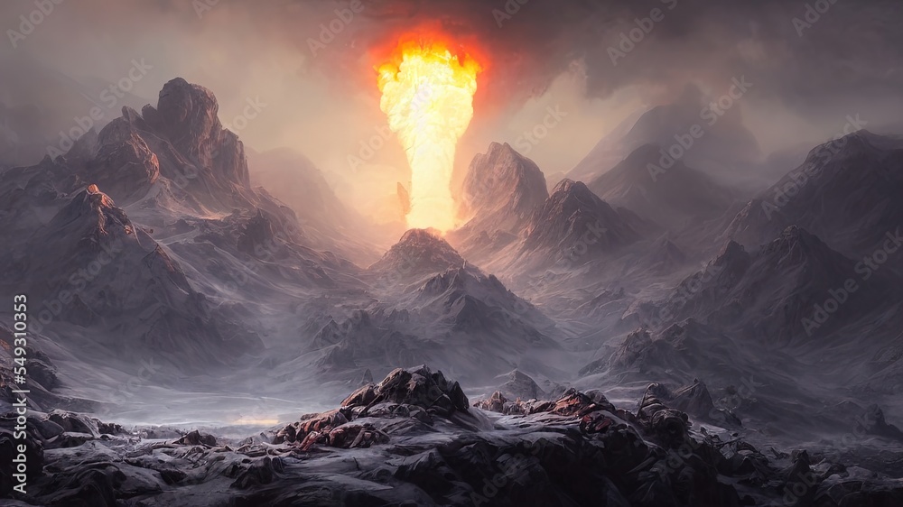 Unreal fantasy mountain landscape with volcanic eruption. Gloomy night ...