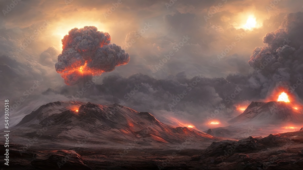Unreal fantasy mountain landscape with volcanic eruption. Gloomy night ...