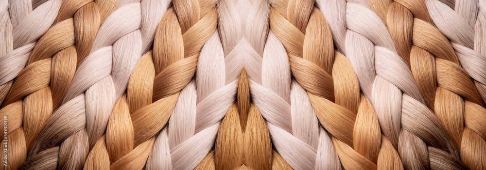 Braid of natural hair close-up, banner. Blonde braids. Texture or ...