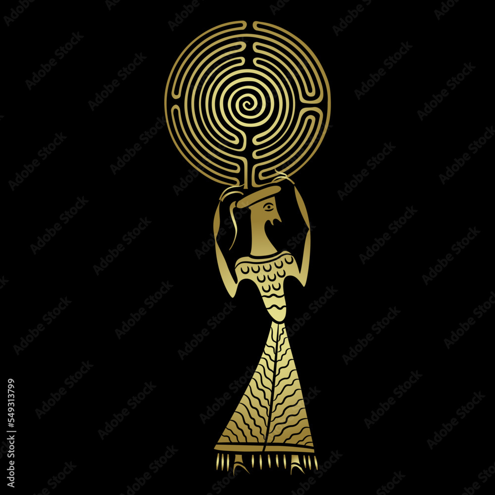 Mycenaean woman holding a round spiral maze or labyrinth symbol ...