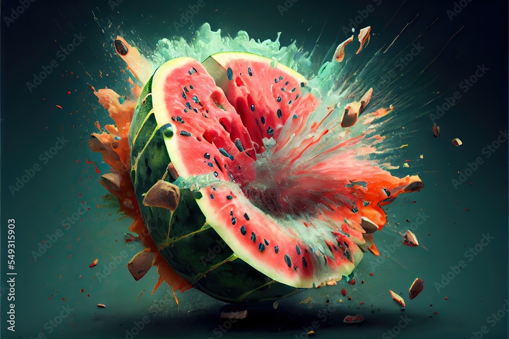 Computer-generated image of exploding watermelon fruit. Photorealism ...