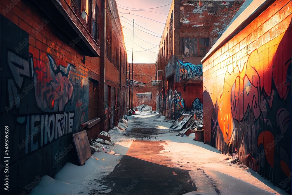 ภาพประกอบสต็อก computer-generated image of a graffiti-covered alleyway ...